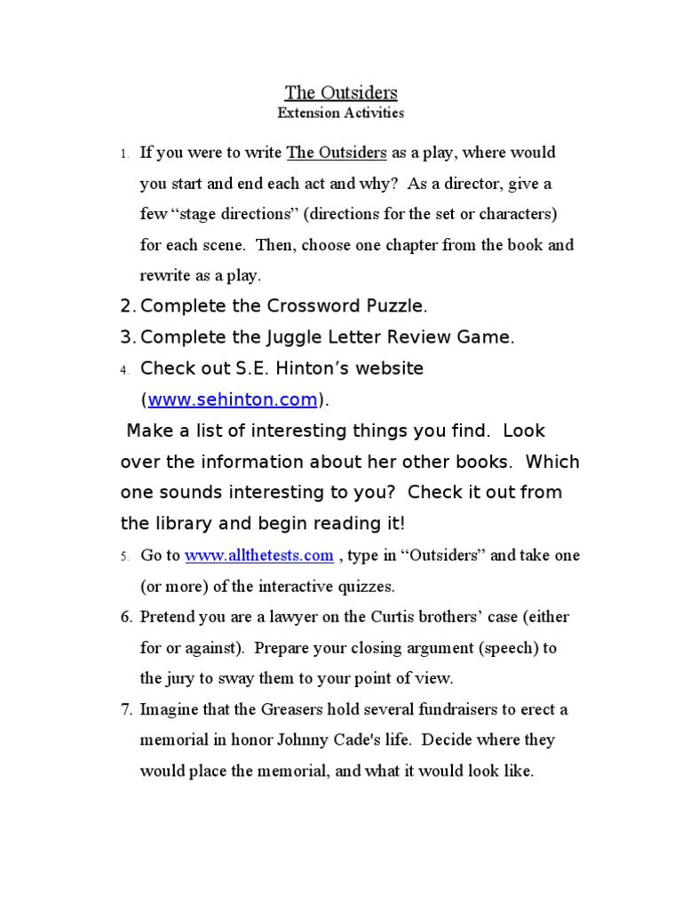 Activities for The Outsiders Engagement | PDF | Language Arts & Discipline