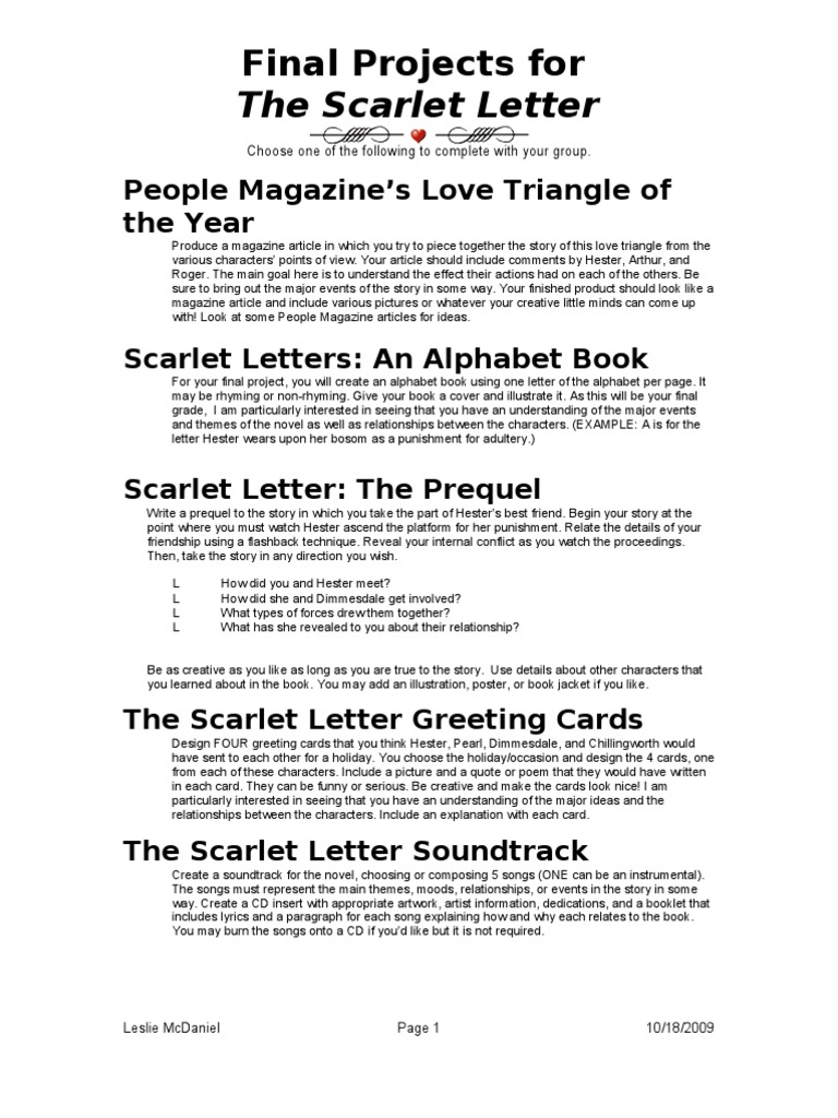 Final Projects for the Scarlet Letter | The Scarlet Letter