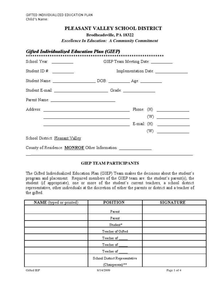 Gifted Individualized Education Plan (GIEP) : Pleasant Valley School ...