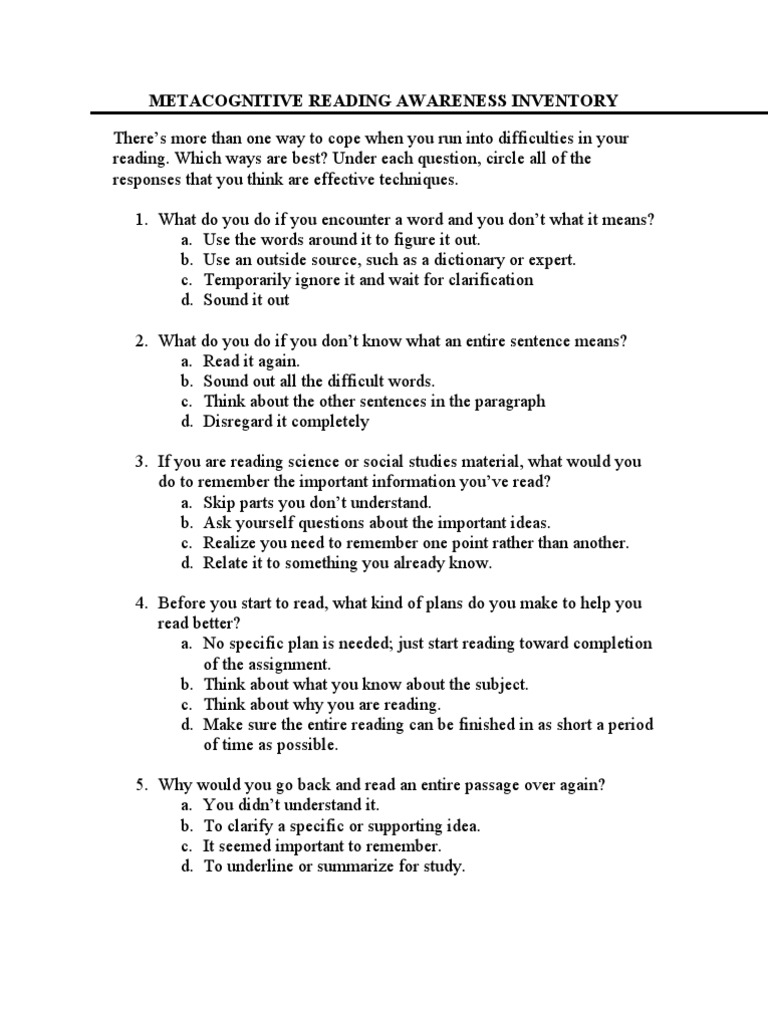 Metacognitive Reading Awareness Inventory | PDF | Metacognition ...