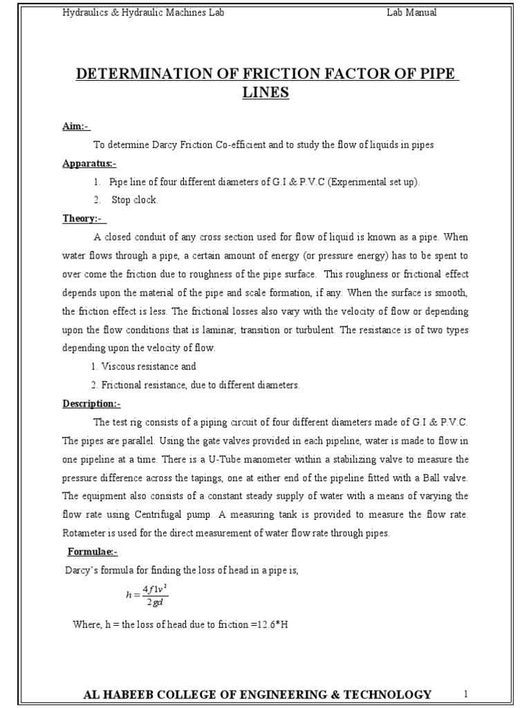 Determination of Friction Factor of Pipe Lines: Al Habeeb College of ...