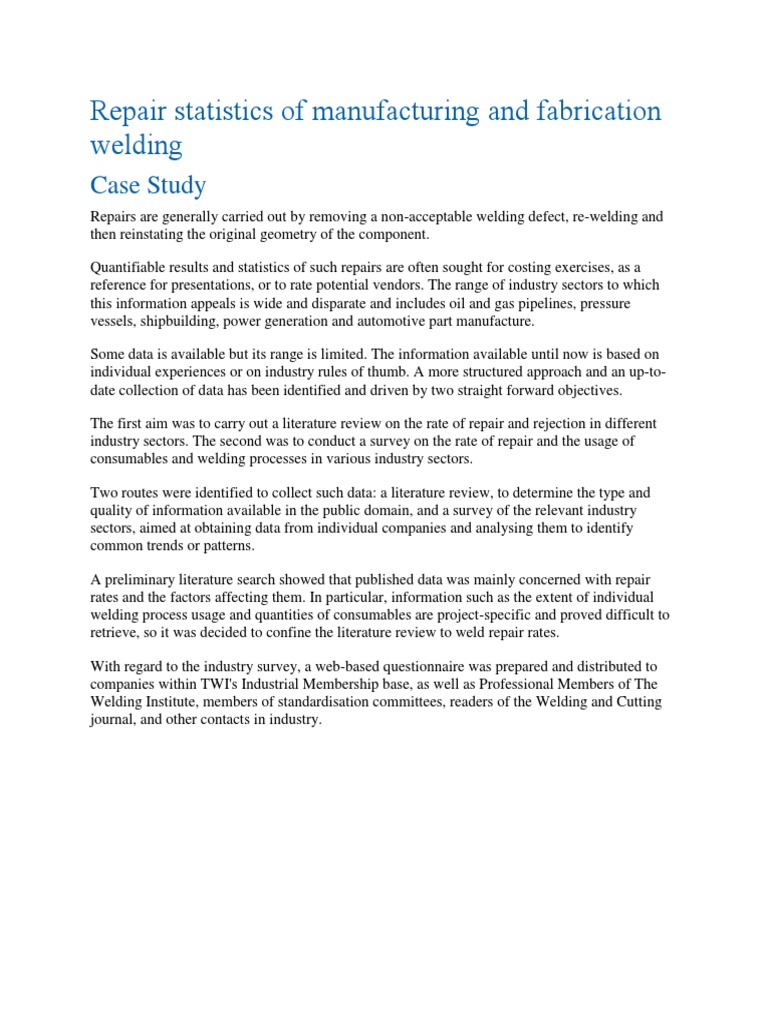 Repair Statistics of Manufacturing and Fabrication Welding: Case Study | PDF | Welding ...
