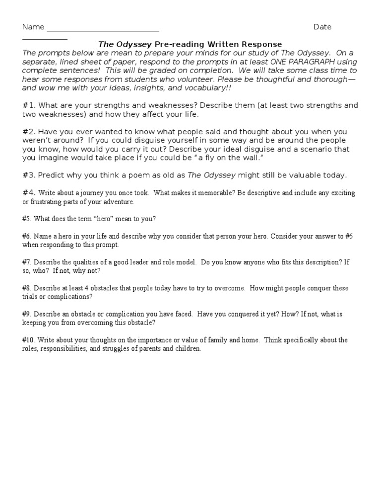 The Odyssey Pre-Reading Written Response | PDF | Language Arts & Discipline