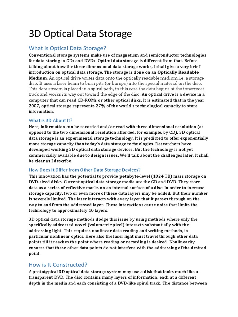 3D Optical Data Storage | PDF | Compact Disc | Computer Data Storage