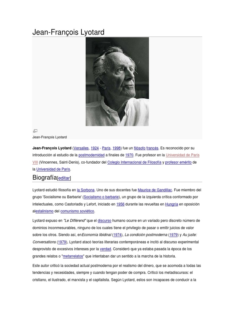 Jean Lyotard (Biografia) | PDF | Jean François Lyotard | Movimientos ...