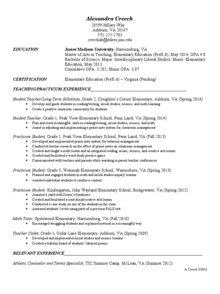 Alexandra Creech's Teaching Resume | PDF | Primary Education | Teachers
