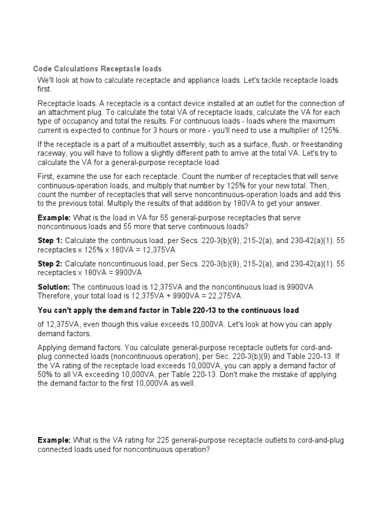 Code Calculations Receptacle Loads | Download Free PDF | Electronics ...