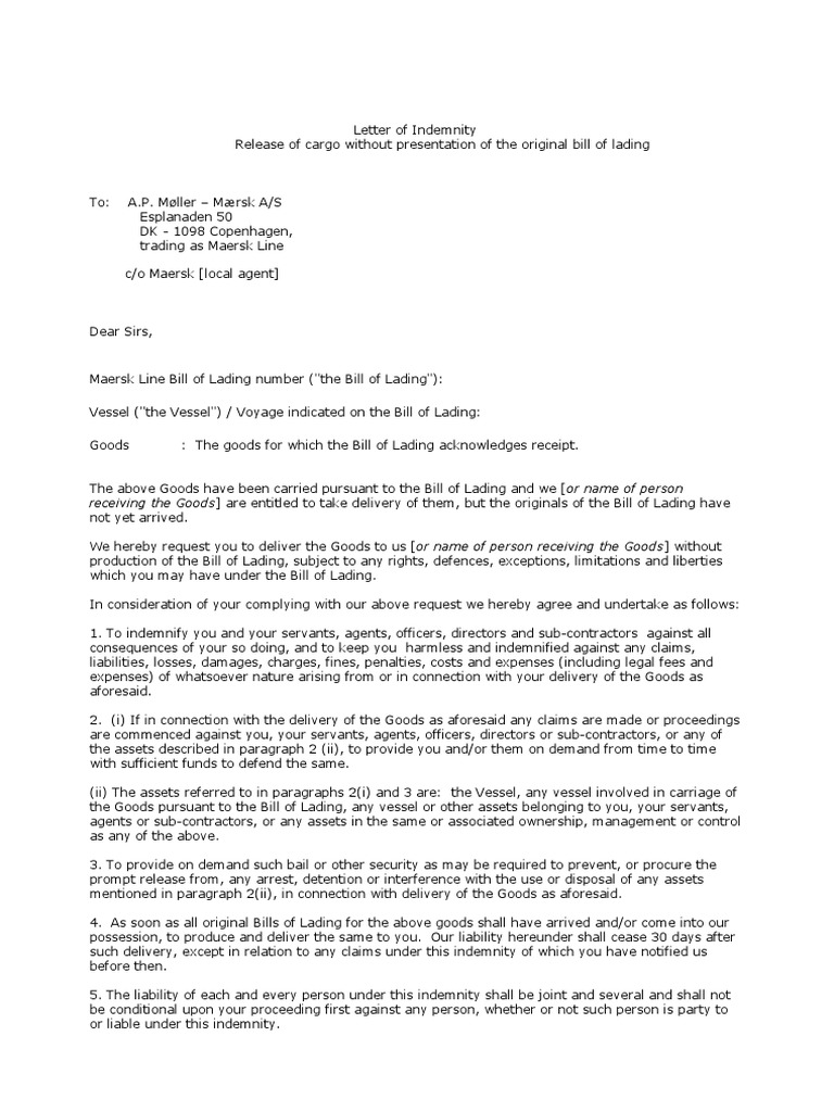 LOI - Shipper & Consignee | PDF | Indemnity | Cargo