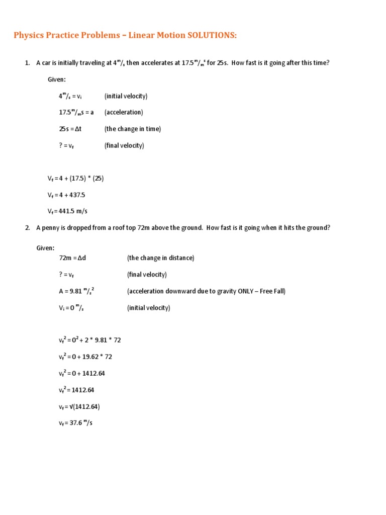 Linear Motion Physics Problems | PDF