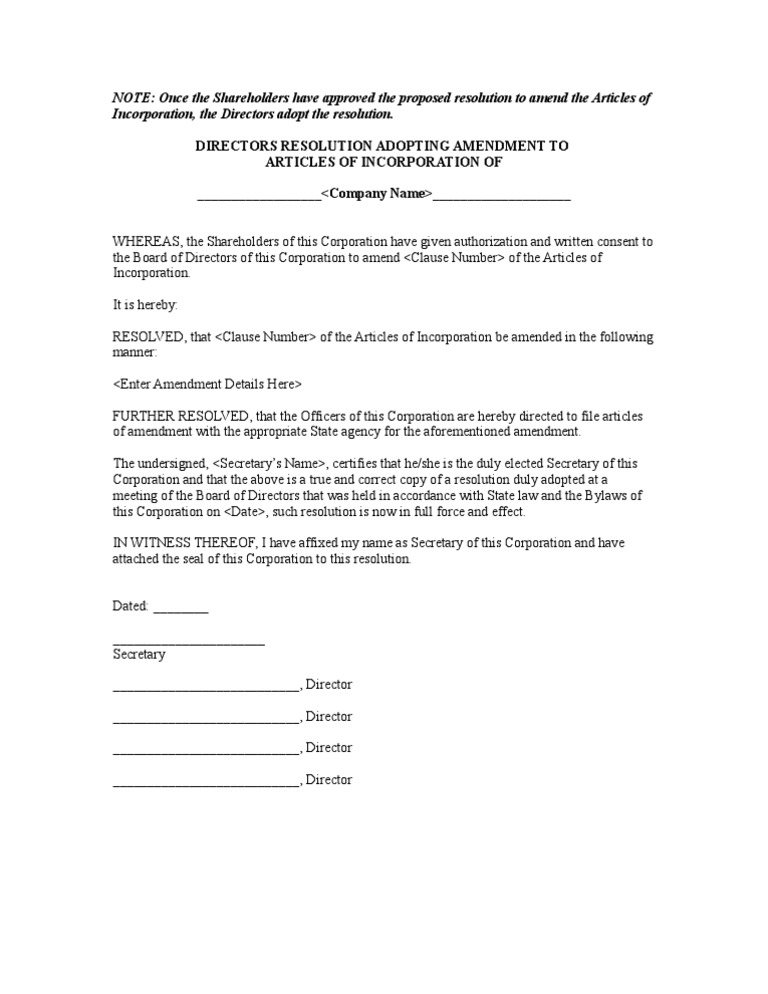 9-2 Directors Resolution Adopting Amendment | Resolution (Law ...