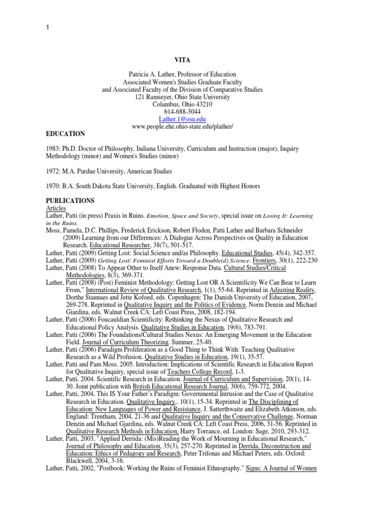 Patti Lather CV | PDF | Women's Studies | Feminism