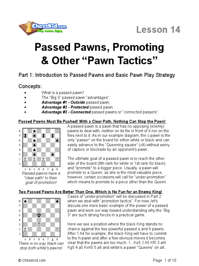 Passed Pawns, Promoting & Other "Pawn Tactics": Lesson 14 | PDF ...