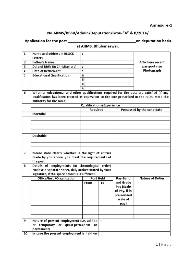 No - AIIMS/BBSR/Admin/Deputation/Grou-"A" & B/2014/ Application For The ...
