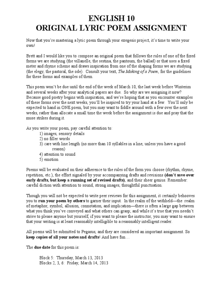 Original Lyric Poem Assignment Guide | PDF | Narrative Forms | Poetry