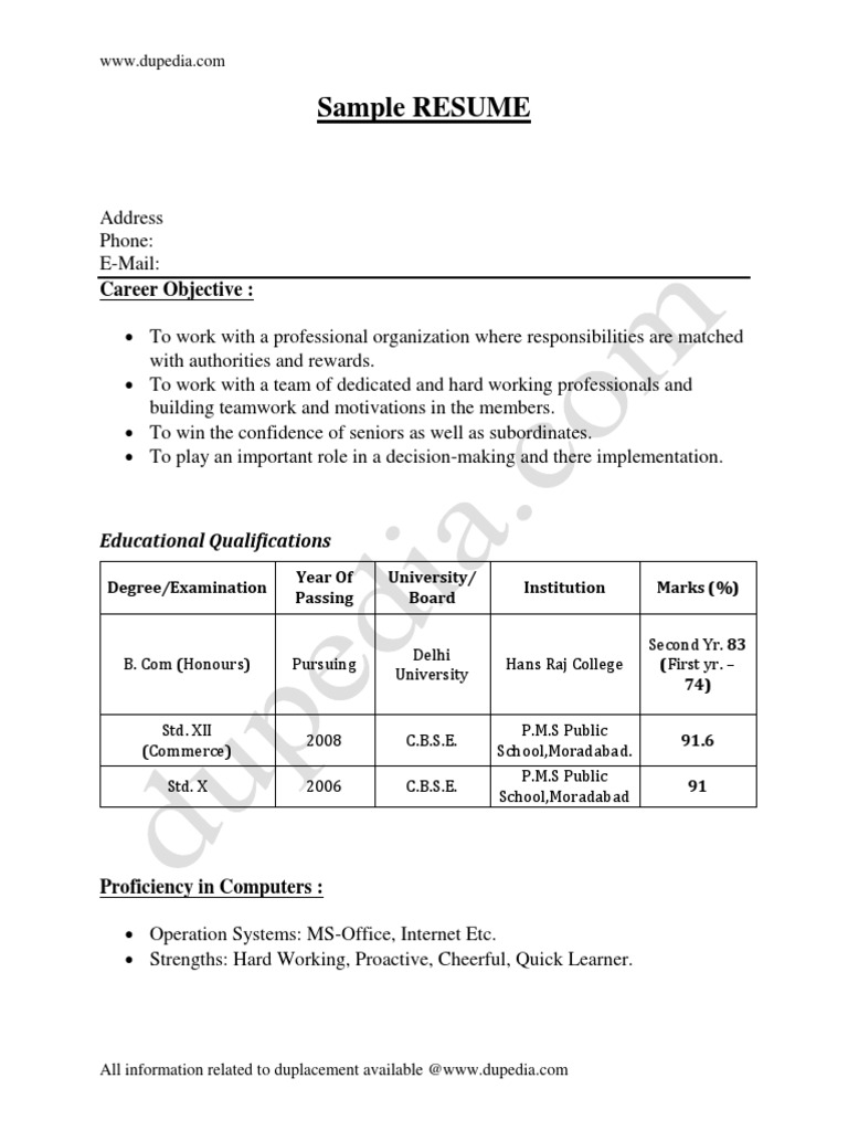 Sample RESUME: Career Objective | PDF