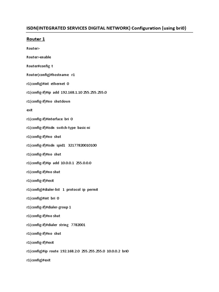 ISDN (INTEGRATED SERVICES DIGITAL NETWORK) Configuration (Using Bri0) Router 1 | PDF