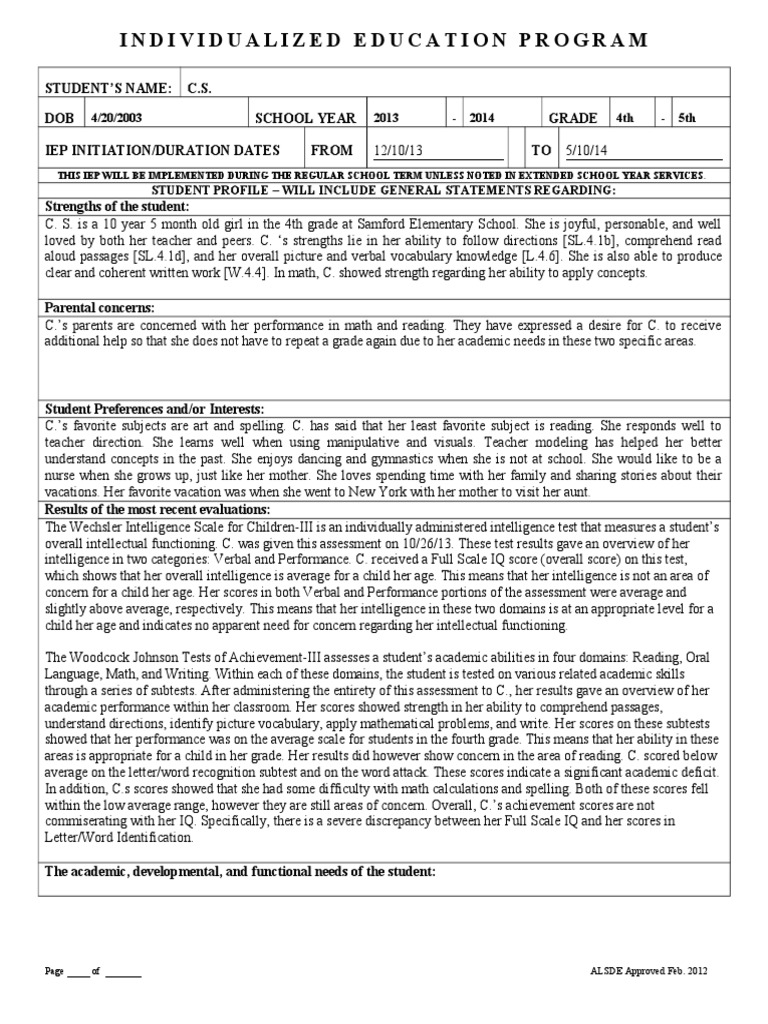 Individualized Education Program: 4/20/2003 2013 - 2014 4th - 5th | PDF ...