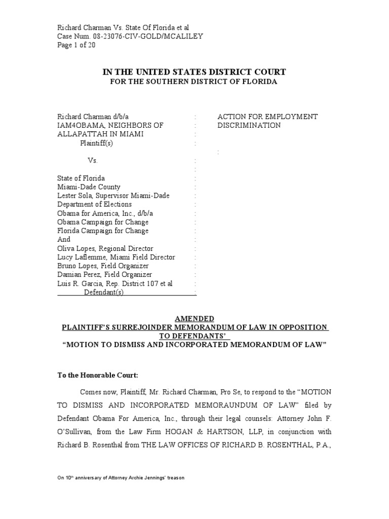 Amended Plaintiff's Opposition to Defense Motion to Dismiss Complaint ...