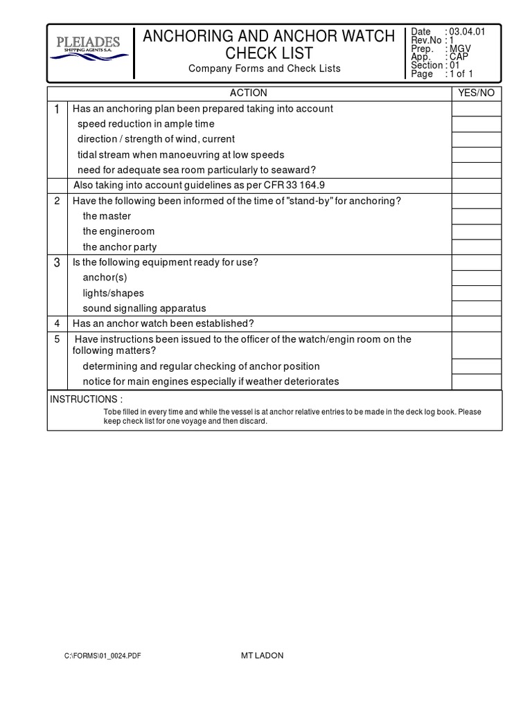 Anchoring and Anchor Watch Check List | PDF