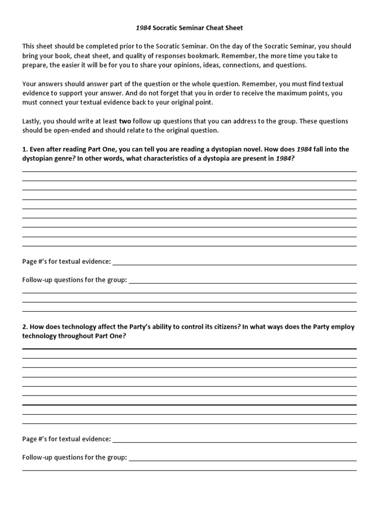 1984 Socratic Seminar Cheat Sheet | PDF | Dystopia | Utopian And ...
