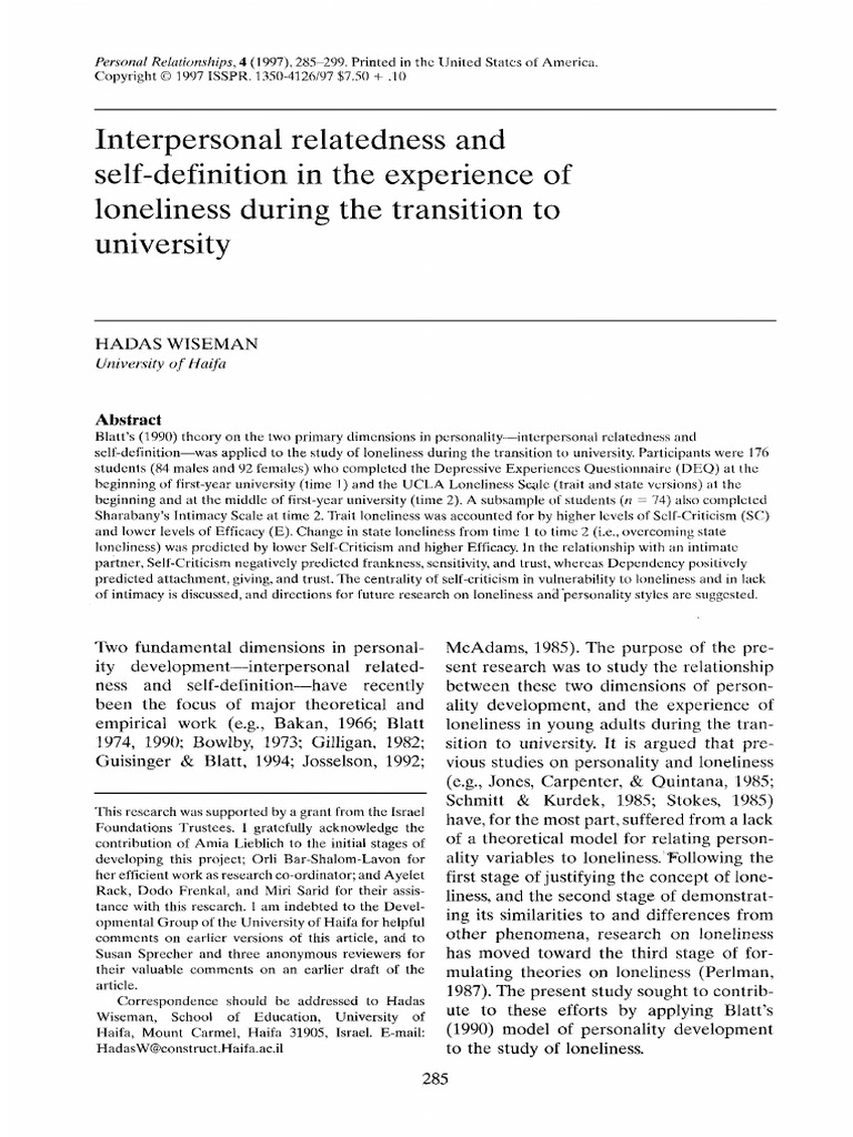 Interpersonal Relatedness and Self Definition in The Experience of ...
