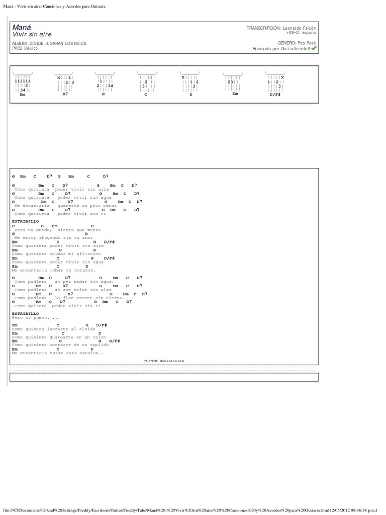 Acordes de "Vivir sin Aire" para Guitarra | PDF