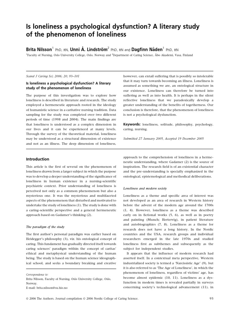 Is Loneliness A Psychological Dysfunction - A Literary Study of The ...