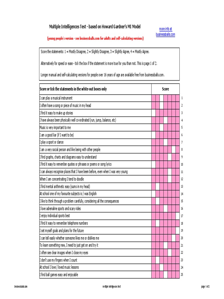 Free Multiple Intelligences Test Young People | PDF | Applied ...