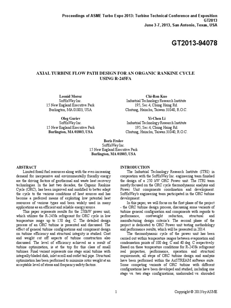 Axial Turbine Flow Path Design For An Organic Rankine Cycle Using R ...