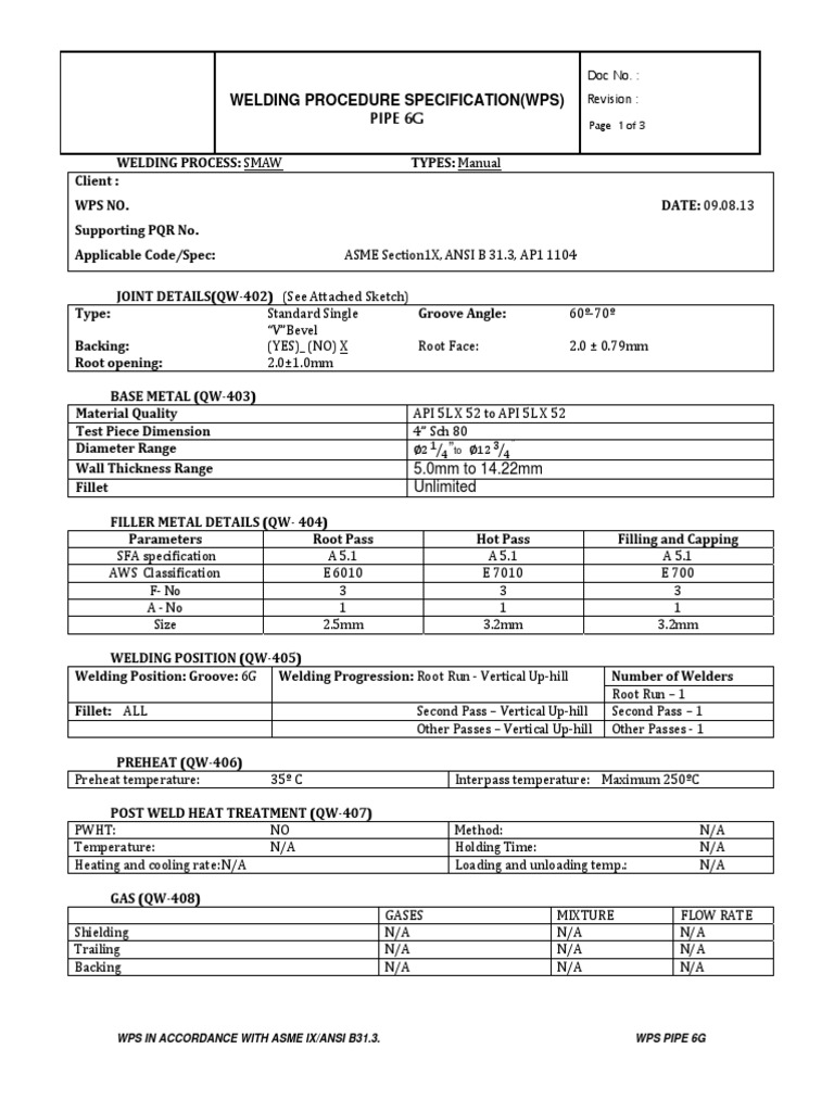 Welding Procedure Specification Pipe - 6G | PDF | Welding | Construction