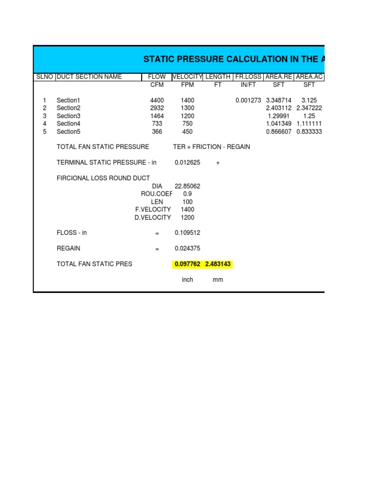 Static Pressure Calculation in The Air Ducts | PDF