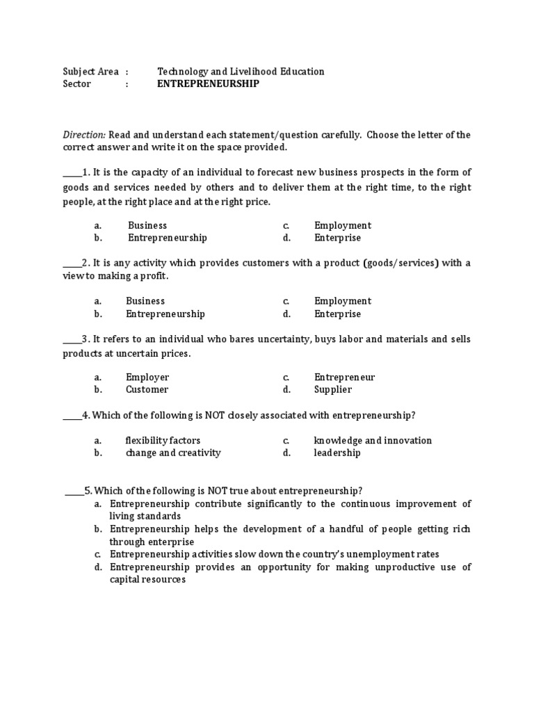 Test Questions For Entrep | PDF | Entrepreneurship | Economics