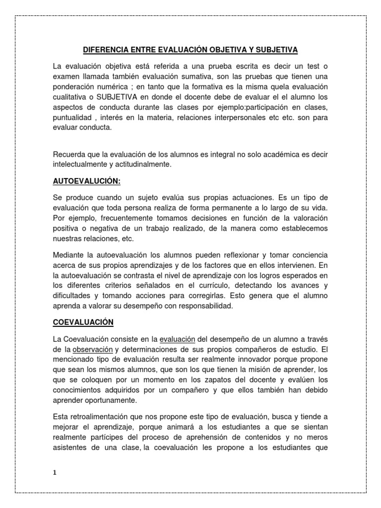 Diferencia Entre Evaluación Objetiva y Subjetiva | PDF | Evaluación ...
