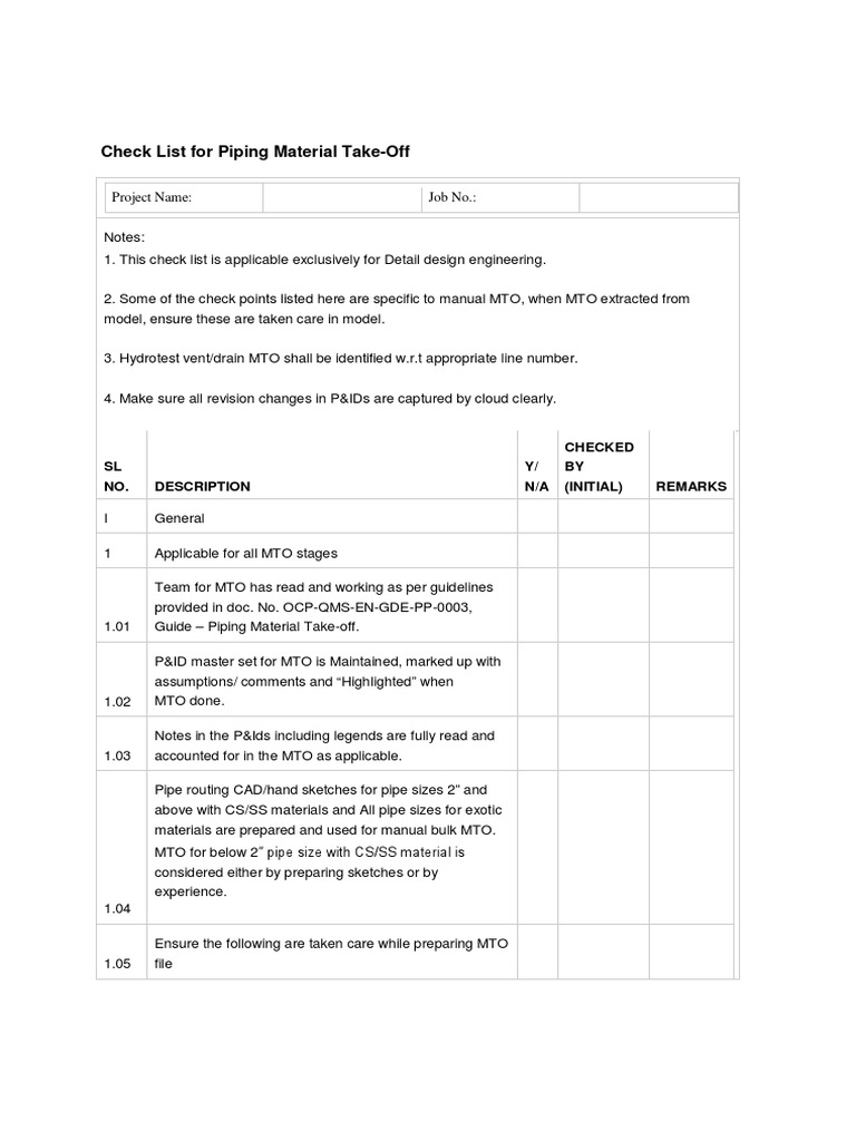 Check List For Piping Material Take-Off | PDF | Pipe (Fluid Conveyance ...