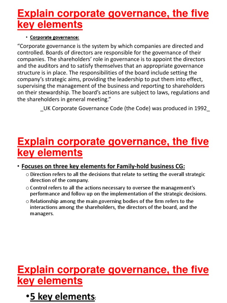 Five Key Elements of Corporate Governance | PDF | Corporate Governance ...