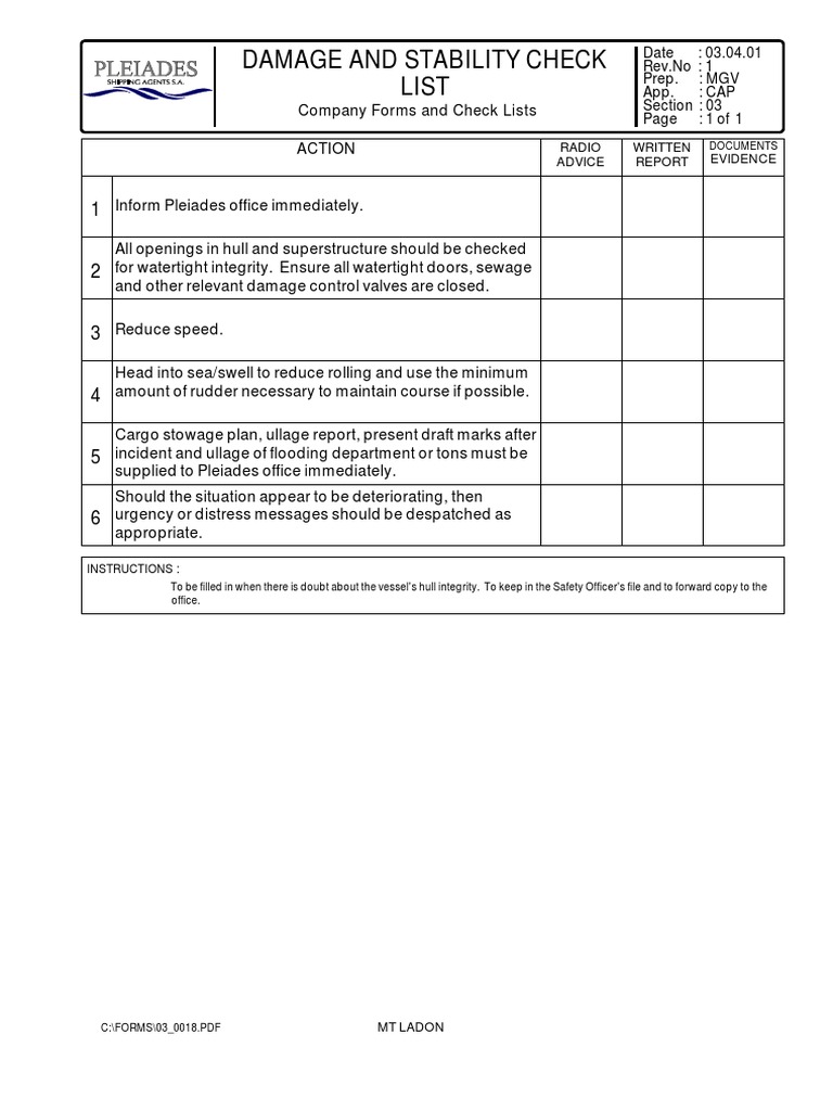 Damage and Stability Check List | PDF