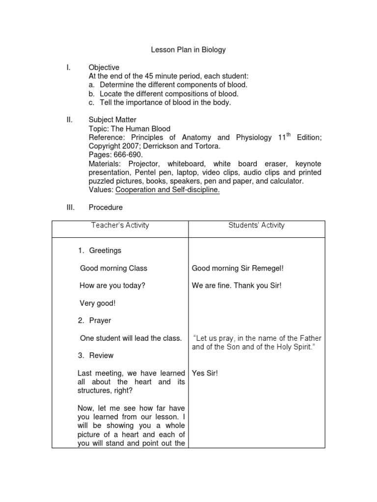 Detailed Lesson Plan sample | Blood Cell | Blood