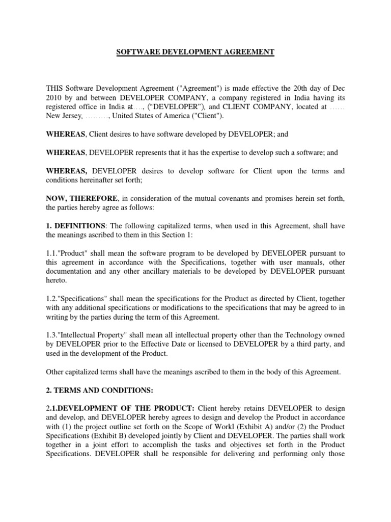 Sample Software Development Agreement Indian Developer / US Client ...
