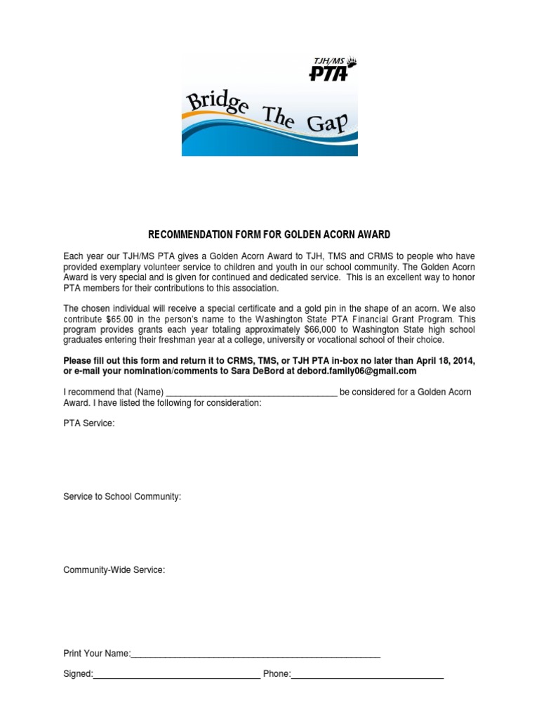 Recommendation Form For Golden Acorn Award | PDF