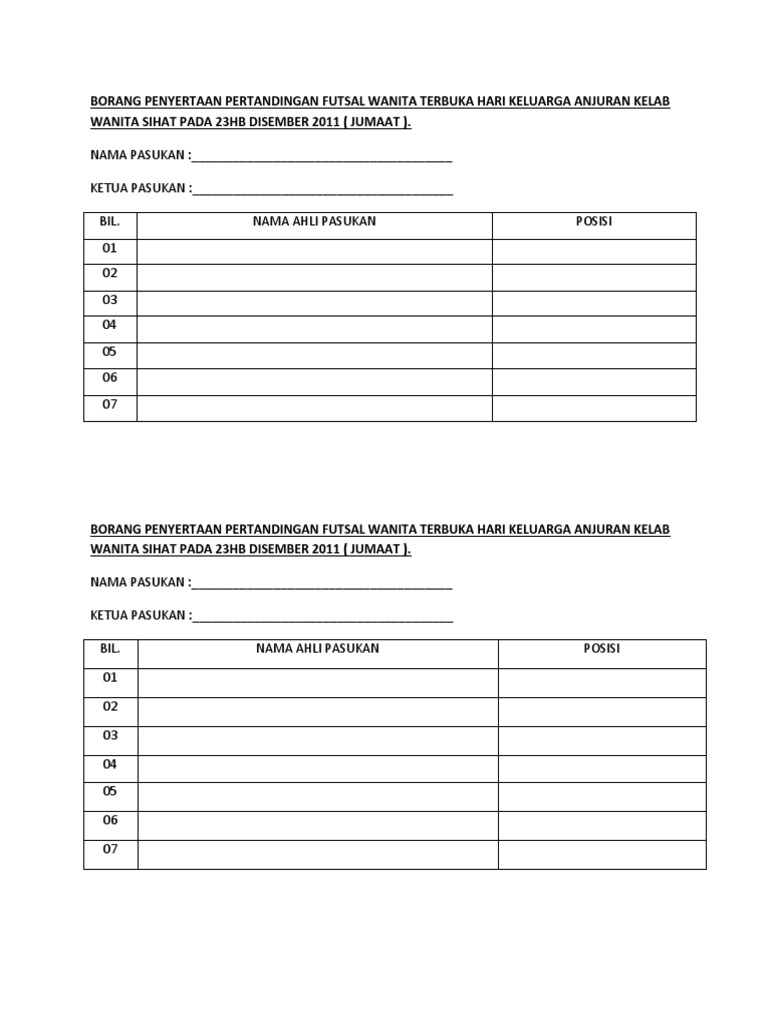 Borang Penyertaan Futsal | PDF