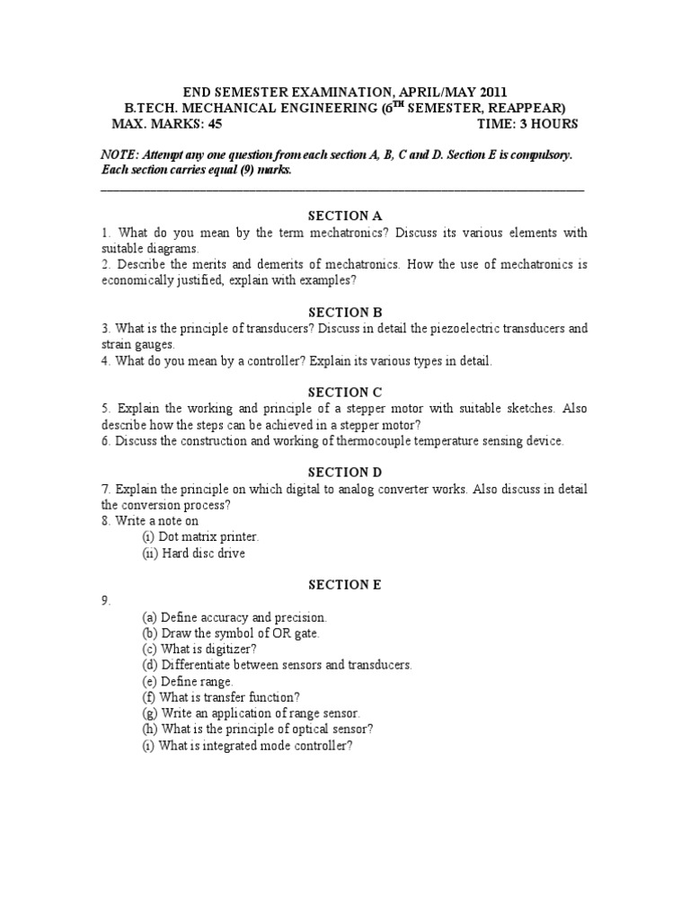 End Semester Examination, April/May 2011 B.Tech. Mechanical Engineering ...