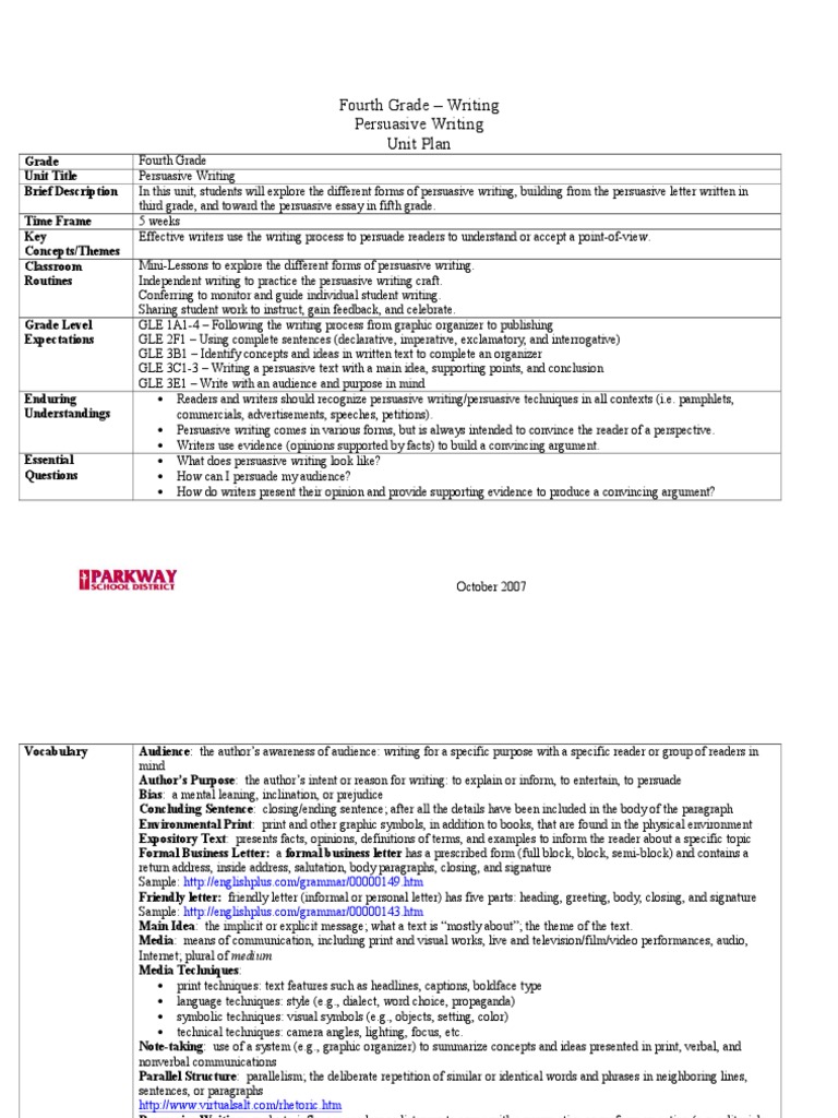 Final Fourth Grade Persuasive Writing | PDF | Persuasion | Narration