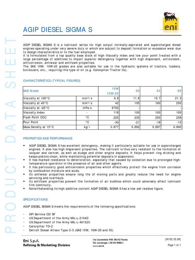 AGIP Diesel Sigma S Lubricant Data | PDF | Diesel Engine | Lubricant