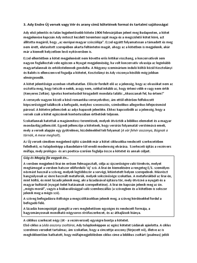 Ady Endre Új Versek Vagy Vér És Arany Című Kötetének Formai És Tartalmi Sajátosságai | PDF