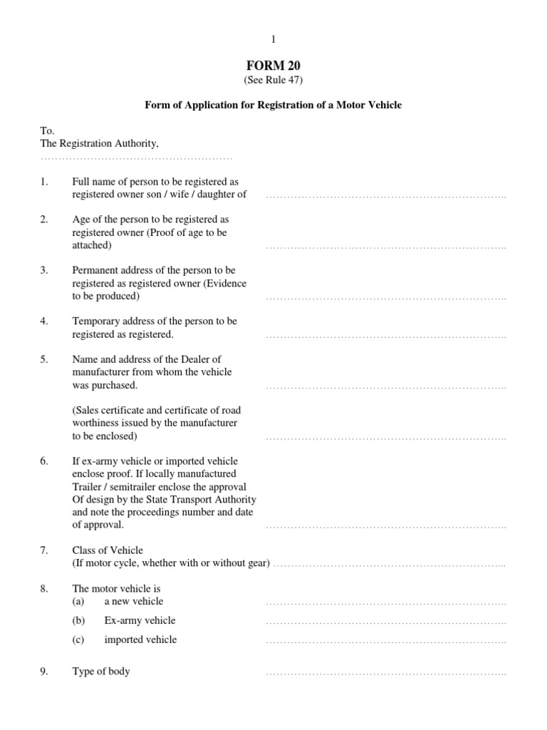 Form of Application For Registration of A Motor Vehicle | PDF ...