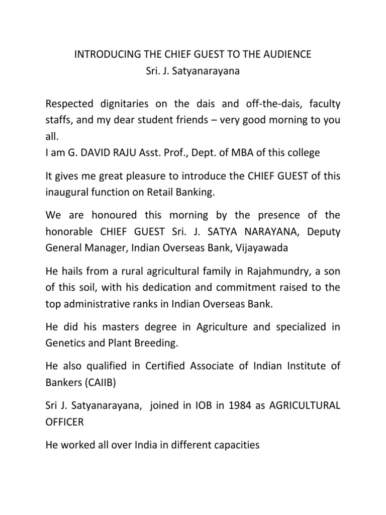 Introducing The Chief Guest To The Audience | PDF | Financial And ...