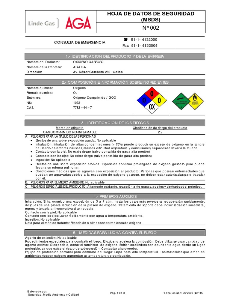 MSDS Oxigeno | Oxygen | Gases