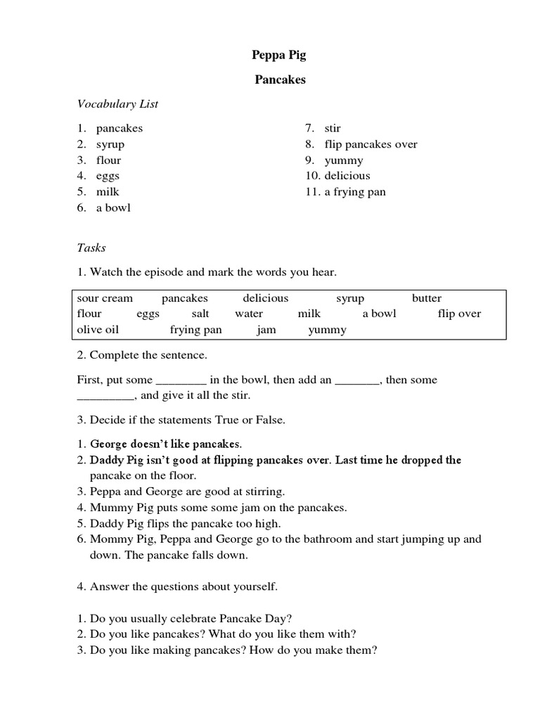 Peppa Pig Pancakes Vocabulary Guide | PDF