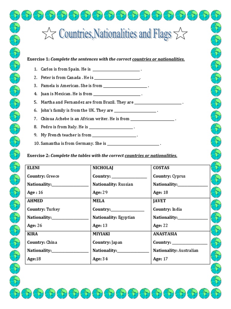 Countries Nationalities Extra Exercises | PDF