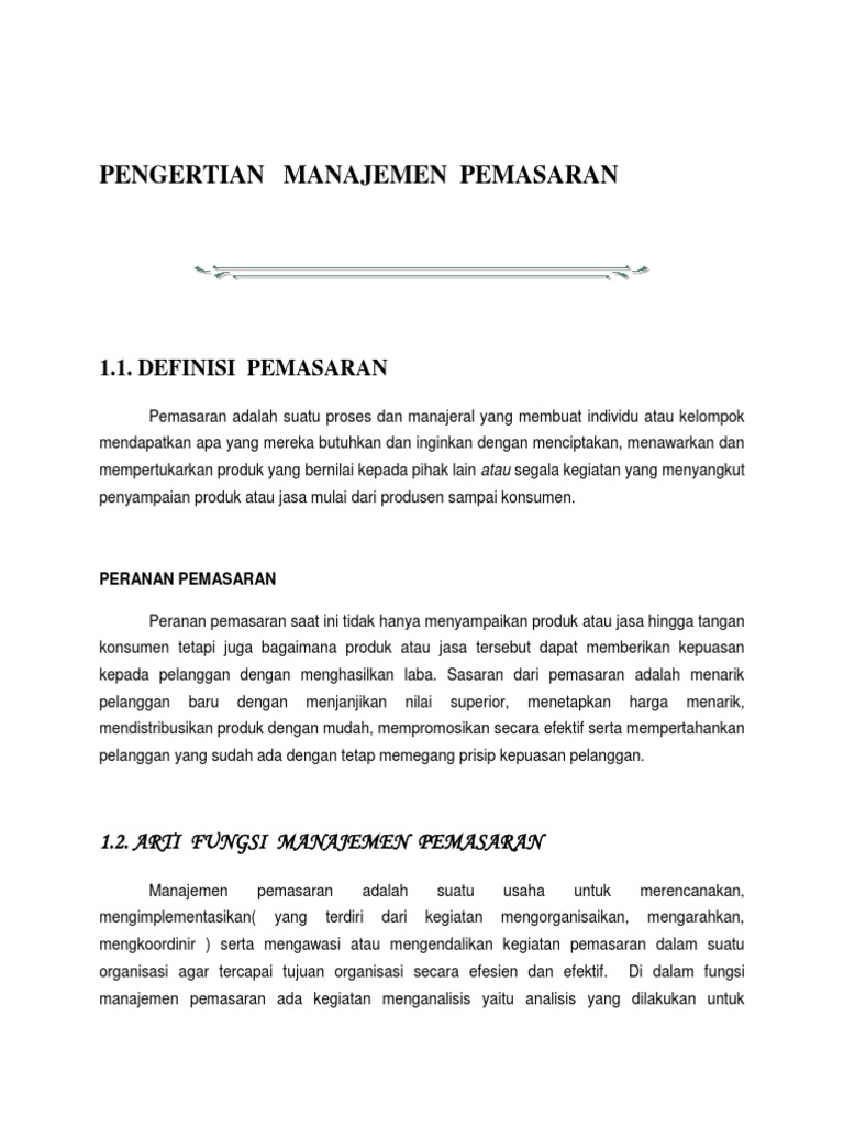 Pengertian Manajemen Pemasaran | PDF